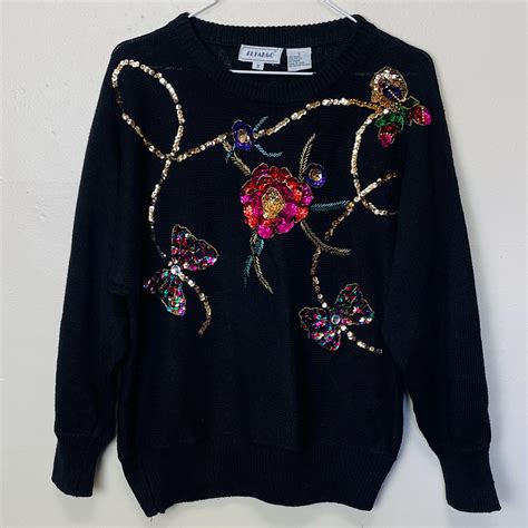 Glam Sequin Ribbons And Rose Vintage 80s Ramie Cotton Dolman Sleeve