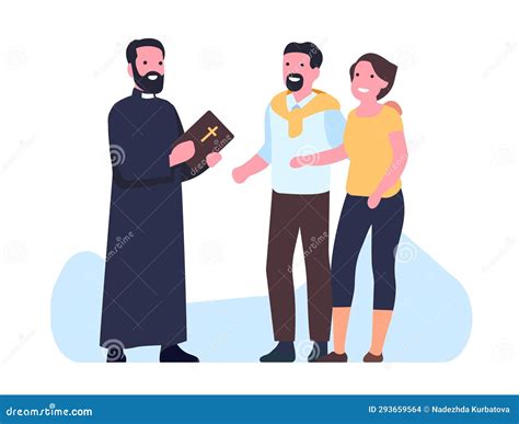 Couple At Meeting With Catholic Priest Happy Man And Woman Talking
