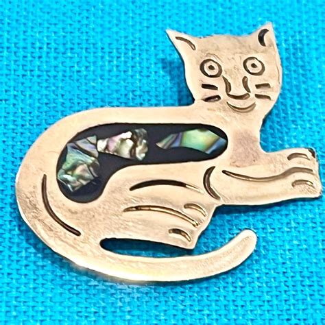 Alpaca Mexican Silver Pussy Cat W Paua Shell Inlays Used Very Good