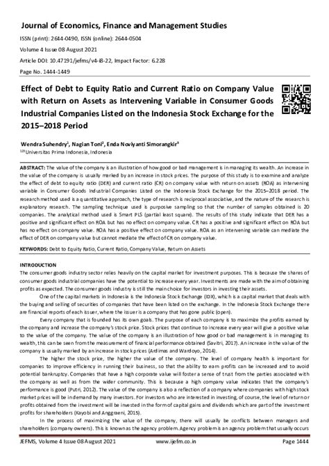 Pdf Effect Of Debt To Equity Ratio And Current Ratio On Company Value With Return On Assets As