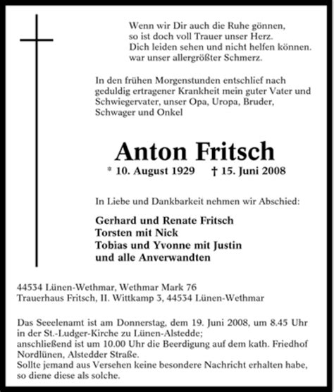 Traueranzeigen Von Anton Fritsch Trauer In NRW De
