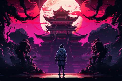 Anime cartoon neon um samurai fica na frente de um templo japonês
