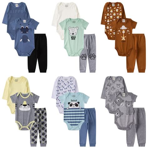 Kit 6 peças Conjunto body bebê manga curta longa calça roupa bebe