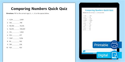 Third Grade Comparing Numbers Quick Quiz Teacher Made