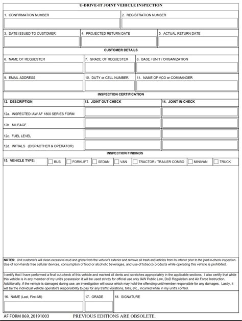 Af Form 869 U Drive It Joint Vehicle Inspection Af Forms