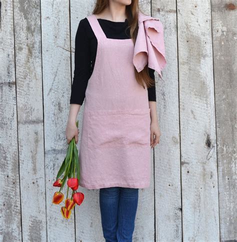 Stonewashed Pink Pinafore Linen Apron Japanese Apron Cross Back