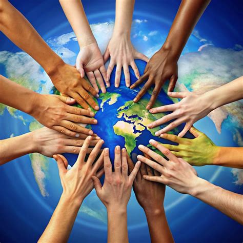 A Group Of Hands Hold A Globe With The World Around It Premium Ai