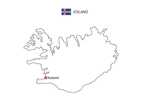 Hand Trek Dun Zwart Lijn Vector Van IJsland Kaart Met Hoofdstad Stad