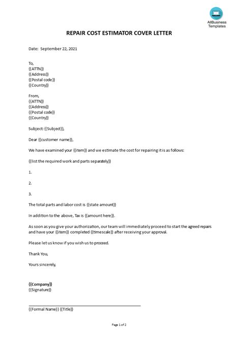 Repair Cost Cover Letter Templates At