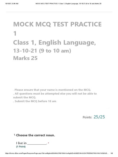Mock Mcq Test Practice 1 Class 1 English Language 13 10 21 9 To 10