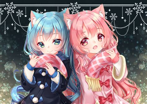 2girls Animalears Aquahair Blush Bow Catgirl Fang Greeneyes Long