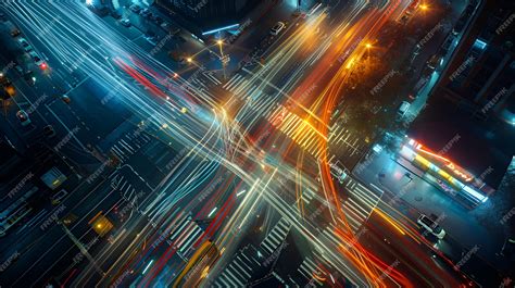 Aerial View Of A City Intersection At Night With Streaking Car Lights