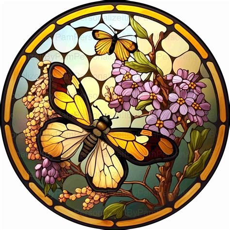 A Stained Glass Window With Flowers And Butterflies