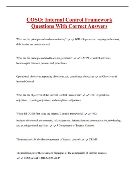 Coso Internal Control Framework Questions With Correct Answers Coso