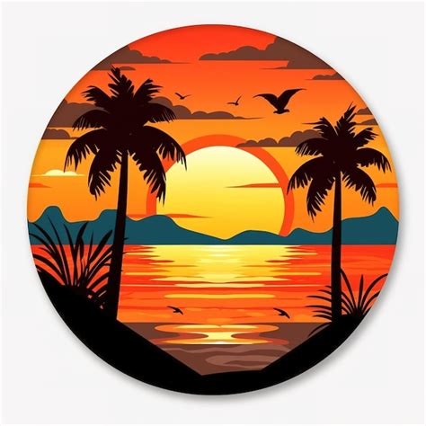 Una Pegatina Redonda Con Una Puesta De Sol Y Palmeras Foto Premium