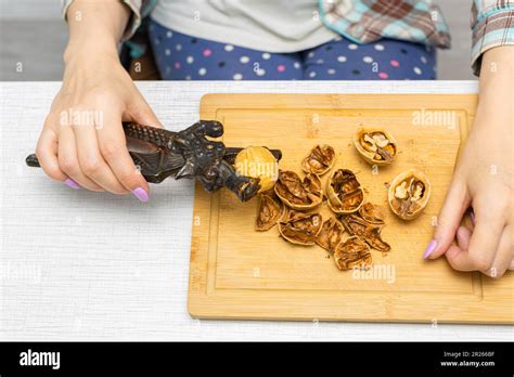 Woman Cracking Walnuts With A Hand Held Nutcracker Nut Cracker For