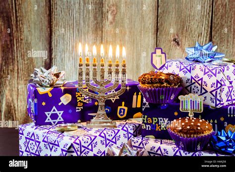 Jewish Holiday Hannukah Symbols Menorah Donuts Chocolate Coins And