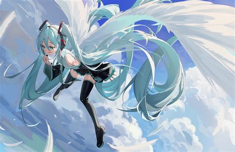 壁纸 动漫女孩 初音未来 Vocaloid 长发 Twintails 蓝头发 蓝眼睛 翅膀 天空 云彩 Looking