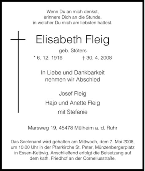 Traueranzeigen Von Elisabeth Fleig Trauer In Nrw De