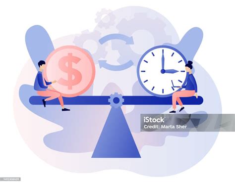 시간은 돈입니다 사업 개념입니다 시간 관리 저울 계량에 따른 돈과 시간의 균형 현대 평면 만화 스타일입니다 흰색 배경에 벡터 그림 가격에 대한 스톡 벡터 아트 및 기타