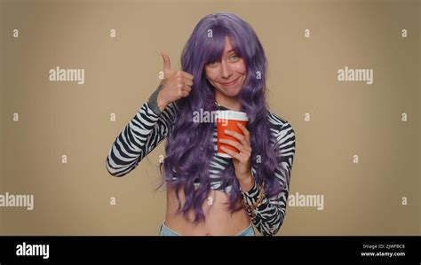 Positive Pretty Young Woman Drinking Coffee From Cup Adult Stylish