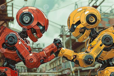 Cartoon Characters In A Robot Showdown Duel Stock Illustration