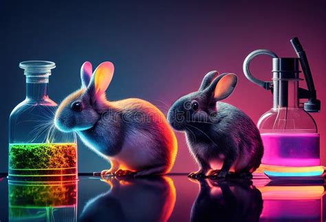 The Rabbit Is Sitting On The Table In The Laboratory Nearby Are Flasks