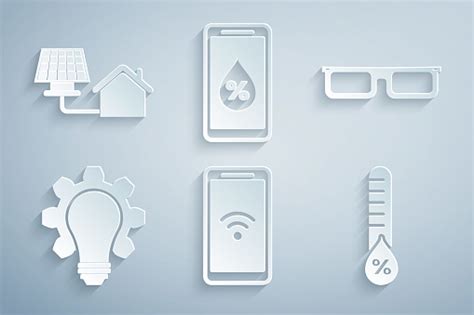 Wifi 무선 안경 전구 및 장비 습도 스마트 홈 및 하우스 태양 전지판 아이콘으로 모바일을 설정합니다 벡터 0명에 대한 스톡