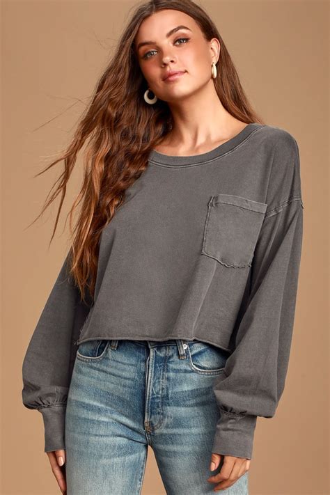 Free People Austin Washed Black Tee Long Sleeve Cropped Top Lulus