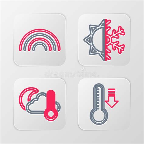Set Line Meteorology Thermometer Thermometer And Cloud Moon Sun Snowflake And Rainbow Icon