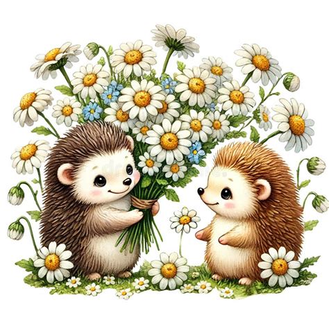 Dos Erizos Adorables Intercambiando Flores En Un Alegre Prado