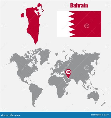 Bahrain Map On A World Map With Flag And Map Pointer Vector