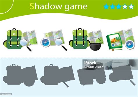 아이들을위한 그림자 게임 올바른 그림자를 일치시다 관광 세트 중산모 지도 및 나침반이있는 배낭 어린이를 위한 워크시트 벡터 디자인입니다 0명에 대한 스톡 벡터 아트 및 기타