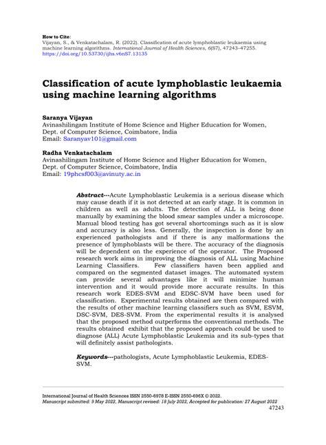 Pdf Classification Of Acute Lymphoblastic Leukaemia Using Machine