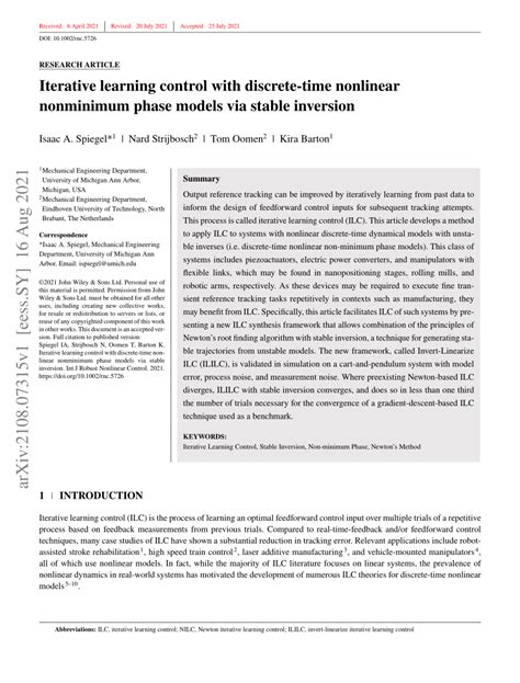 Pdf Iterative Learning Control With Discrete Time Nonlinear
