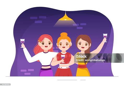 와인 파티 템플릿 손으로 그린 만화 플랫 일러스트 레이 션 사람들이 춤을 추고 샴페인 한 병을 들고 축제 이벤트 개념에서 술을 마신다 건강관리와 의술에 대한 스톡 벡터 아트