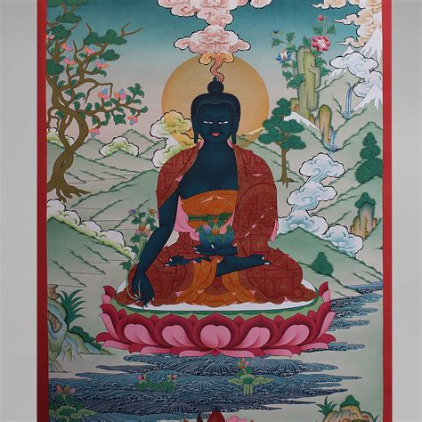 Healing Medicine Buddha Seated On Lotus Tibetan Thangka Painting
