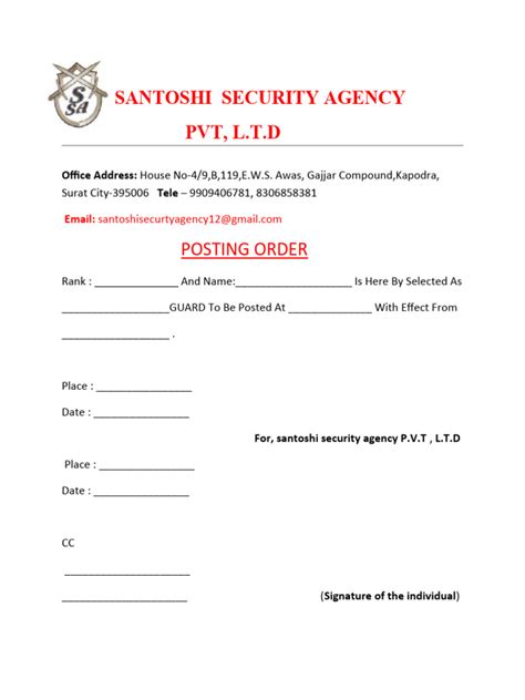 Security Guard Posting Order Template Pdf