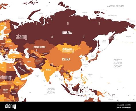 Asia Brown Orange Hue Colored On Dark Background High Detailed Political Map Of Asian