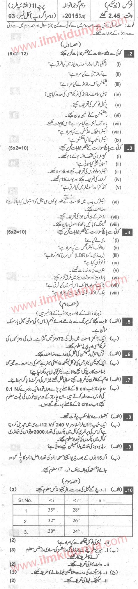Past Papers 2015 Gujranwala Board 10th Class Physics Subjective Group 2 Urdu Med
