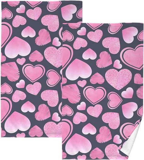 Coolnut Bright Pink Hearts Hand Towels Set Of 2 Cotton Bath Towel For