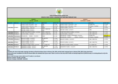 Grade 10 Igcse Mock 1 Examination Timetable February 2024 Pdf