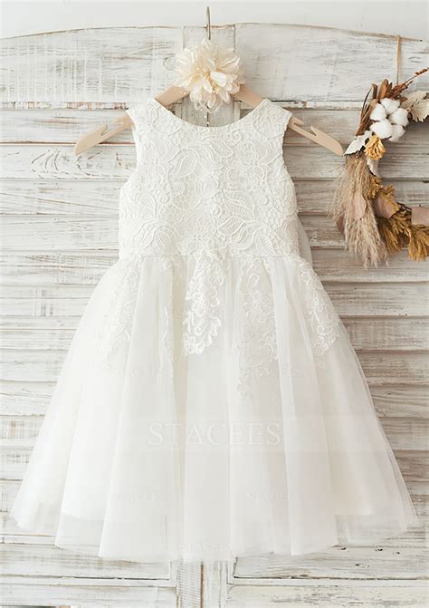 Lace Tulle Flower Girl Dress A Line Princess Knee Length Scoop Neck