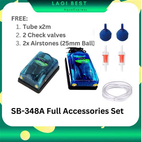 SOBO SB-348A Air Pump 5W 4L/m Full Set FOC 2x Airstone, 2x Check Valves ...