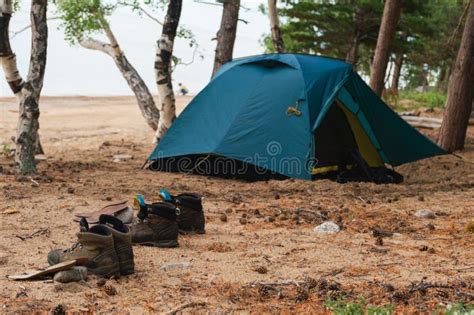 Hiking Tourism Adventure Camping Picnic Blue Tent Campground In