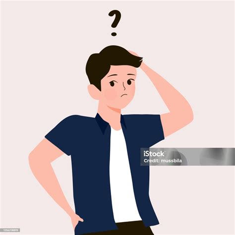 물음표 벡터 일러스트와 만화 사고 남자 남성은 혼란스럽습니다 사려 깊은 소년의 초상화 똑똑한 남자 생각 또는 문제를 해결 생각 거품에 둘러싸인 펜서스 남자 사색에 대한 스톡