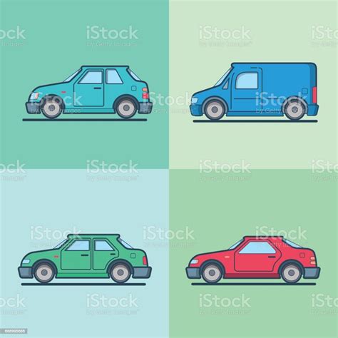 汽車客車跑車轎車兩廂車路運輸組線性多色描邊輪廓平面樣式向量圖示顏色圖示集合向量圖形及更多brand Name Domestic Car圖片