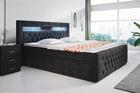 Boxspring Alexis Zwart Blauw Led 180x200 Cm 2 Lades Compleet