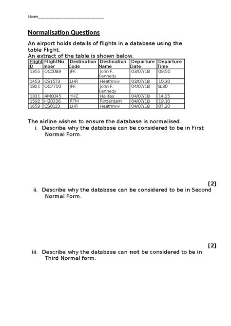 Normalisation Task Normalisation Questions An Airport Holds Details Of Flights In A Database