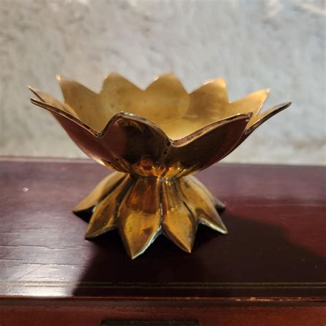 Vintage Brass Lotus Flower Candle Holder Trinket Dish Boho Cottage Bali